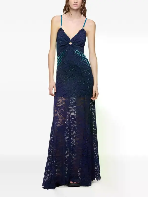 Rabanne Navy Lace Texture Floral Pattern V-neck Dress