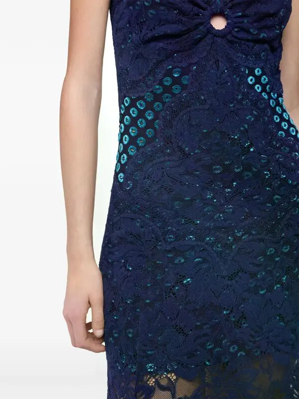 Rabanne Navy Lace Texture Floral Pattern V-neck Dress