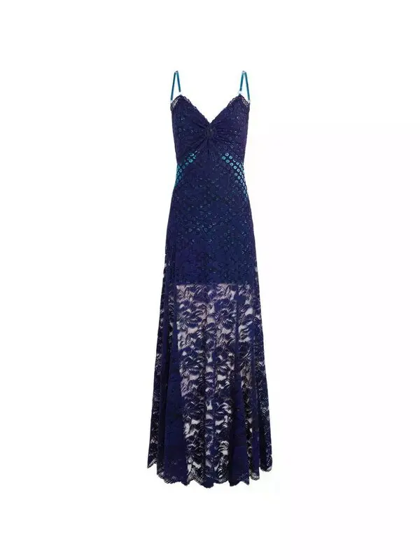 Rabanne Navy Lace Texture Floral Pattern V-neck Dress - Blue