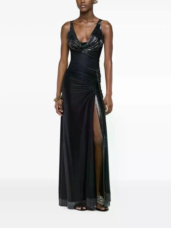 Rabanne Mesh Panel Cowl Neck Maxi Dress - Black