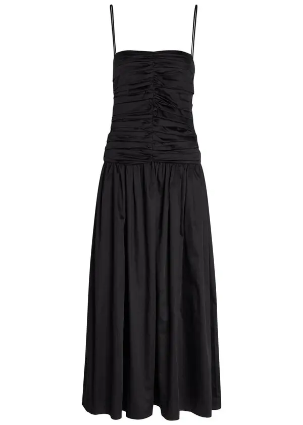Tove Gathered Cotton Midi Dress - Black