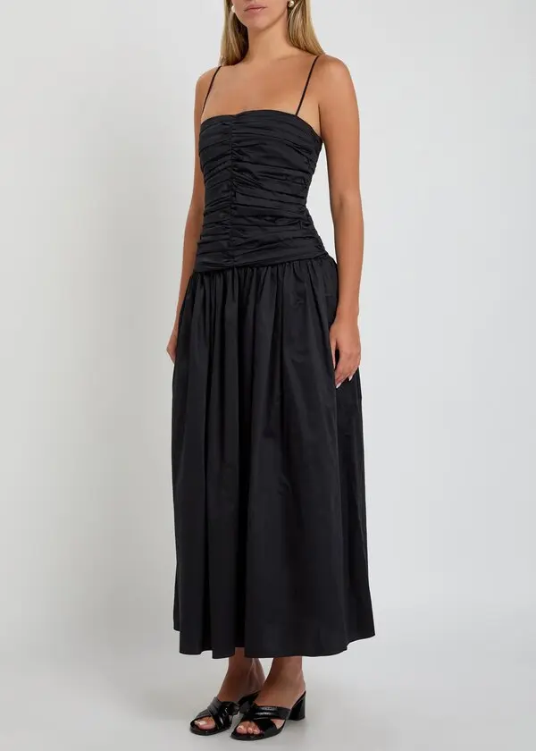 Tove Gathered Cotton Midi Dress - Black