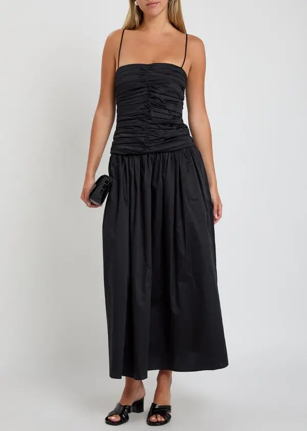 Tove Gathered Cotton Midi Dress - Black