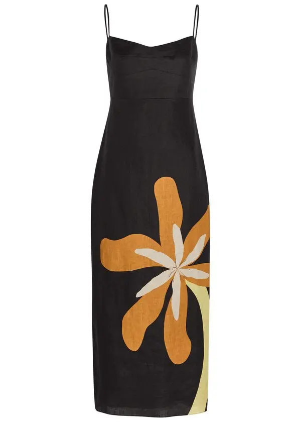 CALA DE LA CRUZ Paloma Floral-print Linen Midi Dress - Black