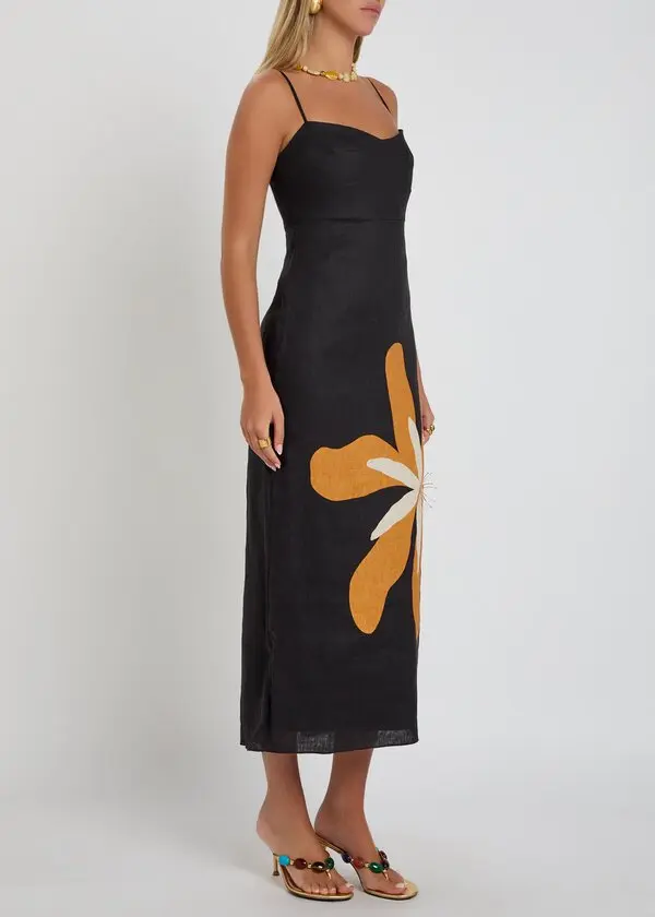 CALA DE LA CRUZ Paloma Floral-print Linen Midi Dress