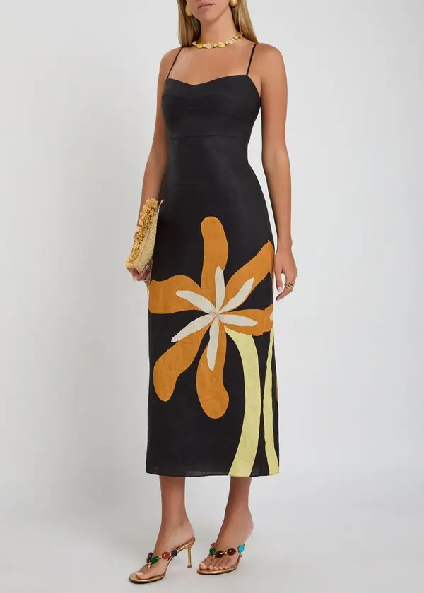 CALA DE LA CRUZ Paloma Floral-print Linen Midi Dress