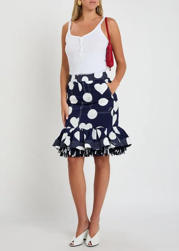 Jacquemus La Jupe Cabana Polka Dot Fringed Cotton Knee-length Skirt - Navy