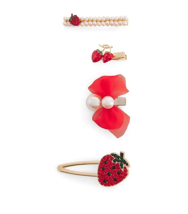 Monnalisa Set Of 4 Hair Clips With Bow And Strawberry Embellishments - Red