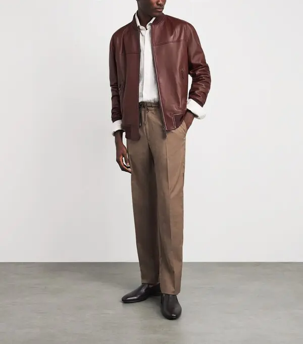 Isaia Lambskin Leather Bomber Jacket With Ribbed Edges