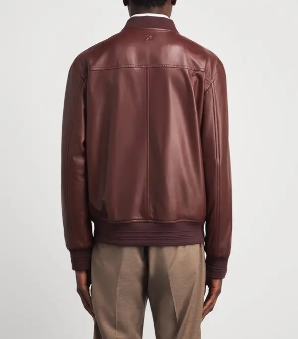 Isaia Lambskin Leather Bomber Jacket With Ribbed Edges