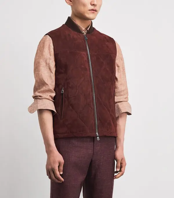 Isaia Lambskin Suede Quilted Gilet - Red