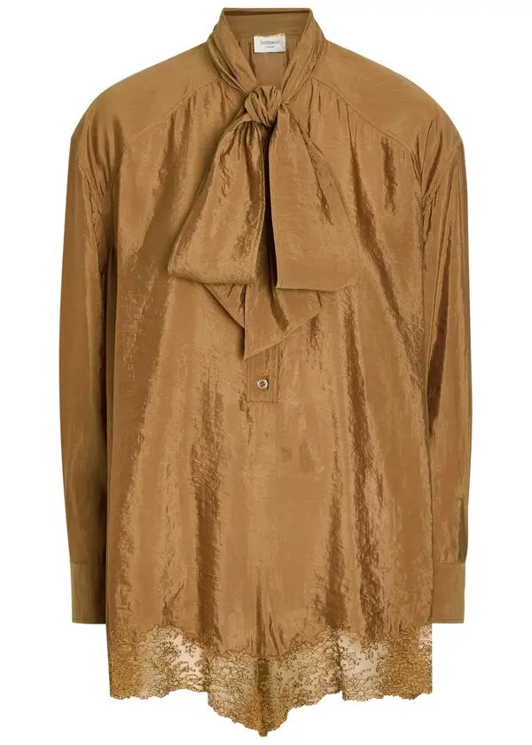 Saint Laurent Lace-trimmed Brushed Satin Playsuit - Caramel