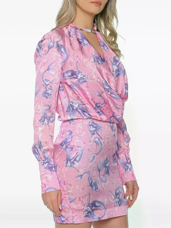 Versace Orchid Mermaid Print Cowl Neck Mini Dress