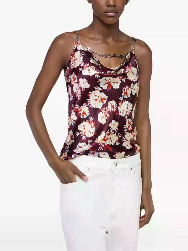 Rabanne Magenta Floral Print Sleeveless Chain Detail Top - Red