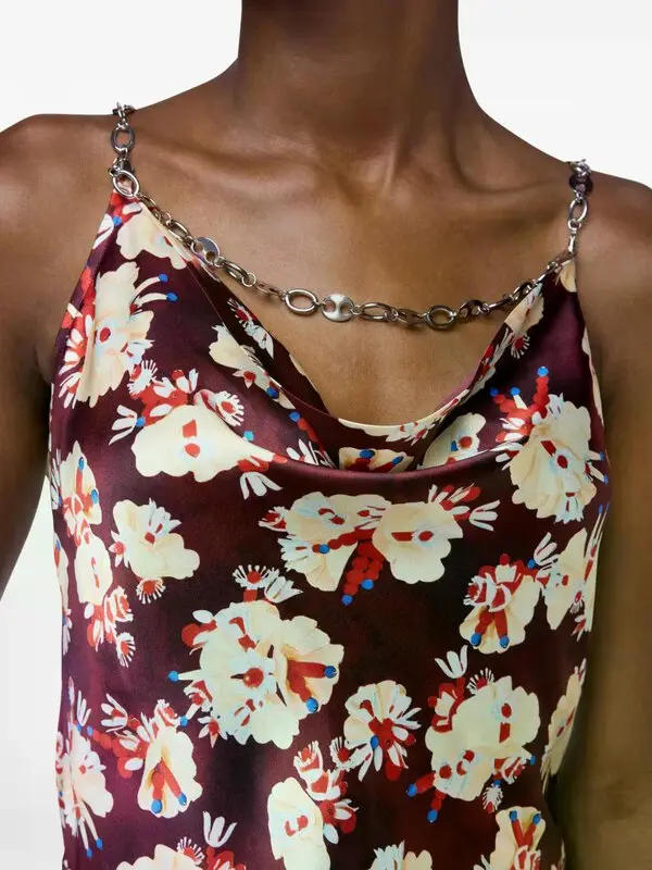Rabanne Magenta Floral Print Sleeveless Chain Detail Top - Red