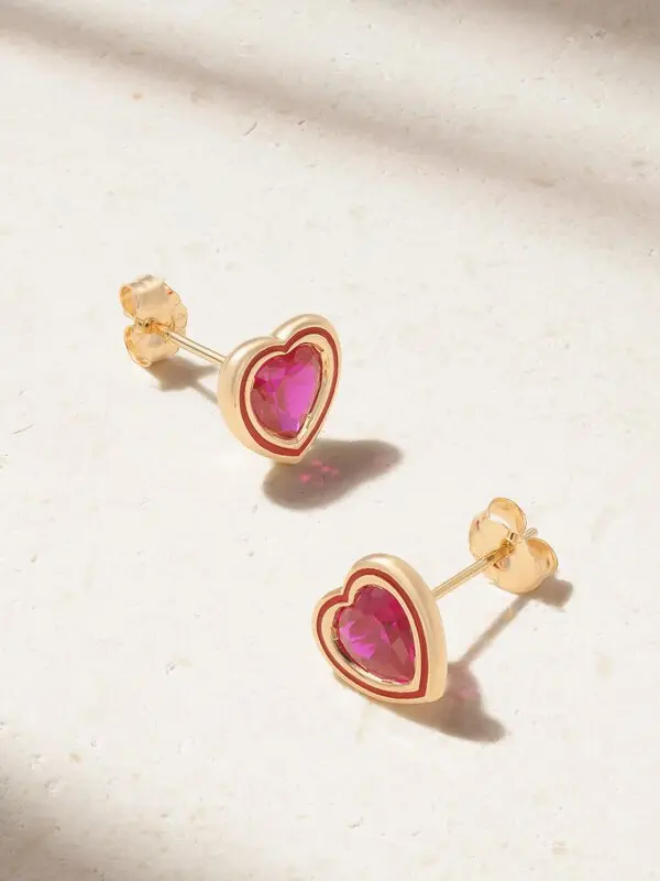 Alison Lou 14k Gold Ruby And Enamel Heart Stud Earrings - Red