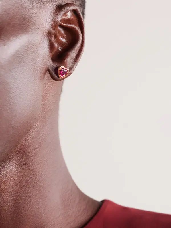Alison Lou 14k Gold Ruby And Enamel Heart Stud Earrings