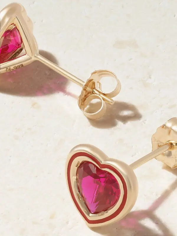 Alison Lou 14k Gold Ruby And Enamel Heart Stud Earrings