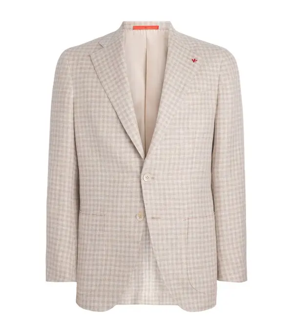 Isaia Linen-wool-silk Check Blazer - Beige