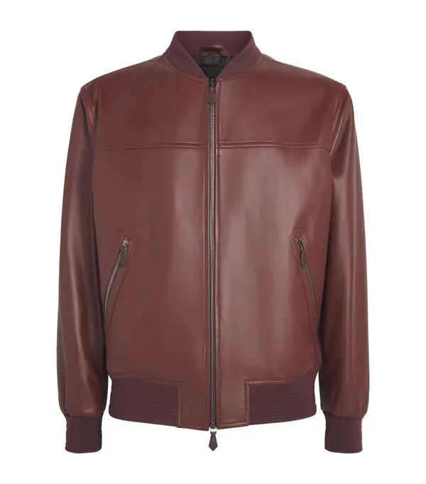 Isaia Lambskin Bomber Jacket With Ribbed Trim