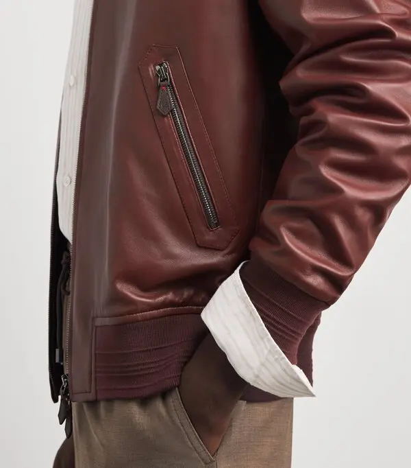 Isaia Lambskin Bomber Jacket With Ribbed Trim