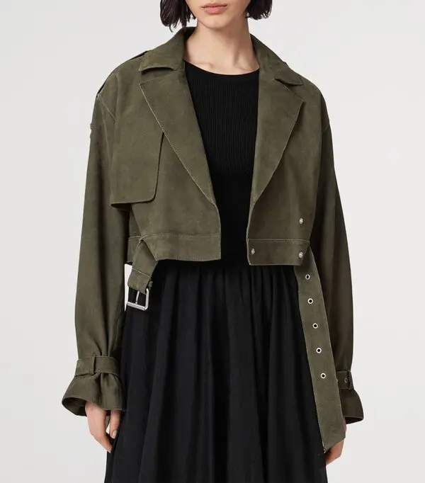 ALLSAINTS Ophelia Goat Suede Cropped Jacket With Belt - Green