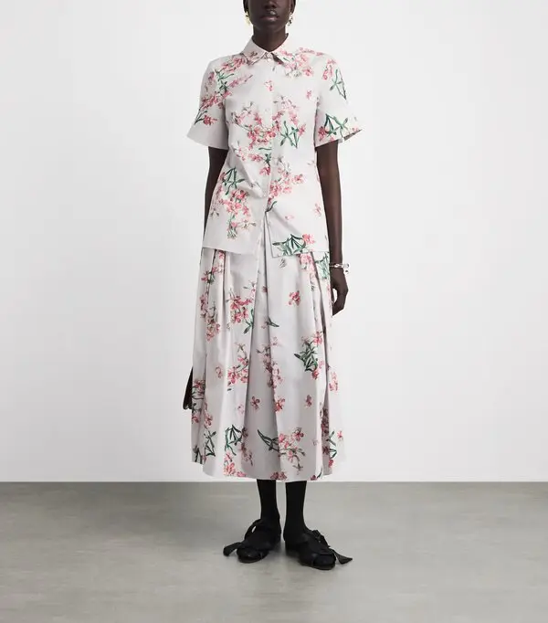 Erdem Cotton Floral Pleated Midi Skirt