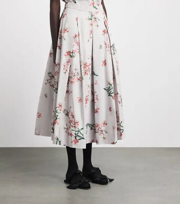 Erdem Cotton Floral Pleated Midi Skirt