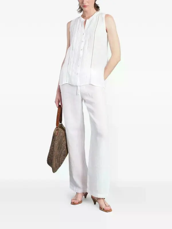 120% Lino Pintucked Open-knit Sleeveless Blouse - White