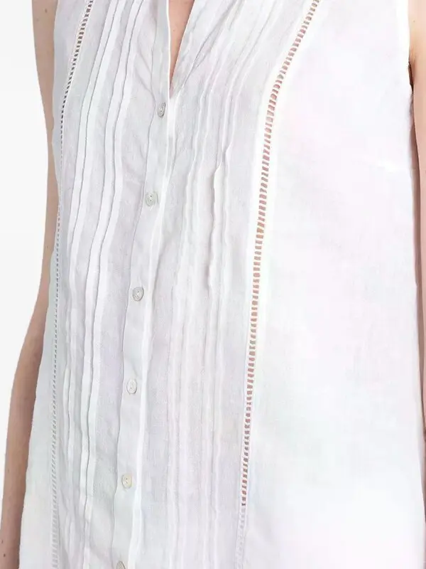 120% Lino Pintucked Open-knit Sleeveless Blouse - White