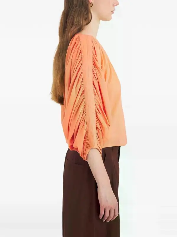 Antik Batik Ruched Sleeve Boatneck Top - Orange