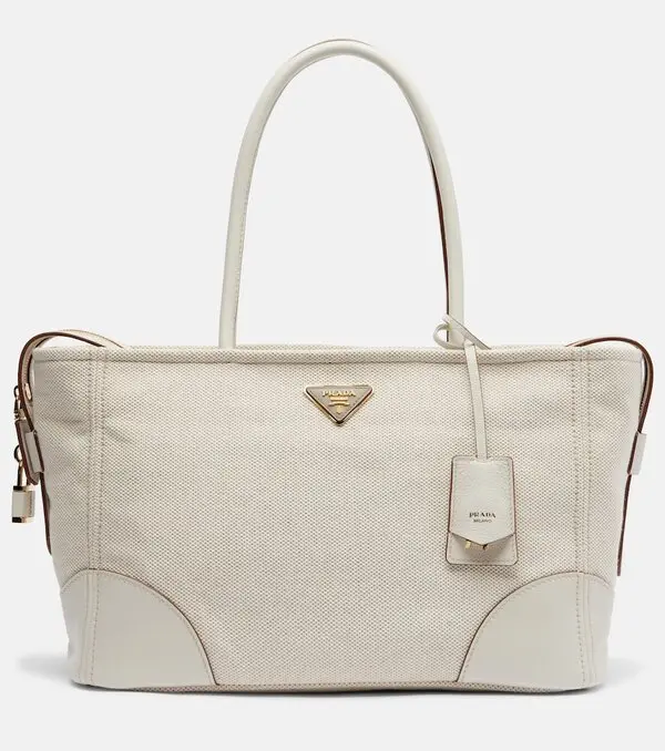 Prada Large Leather-trimmed Canvas Tote Bag - Beige