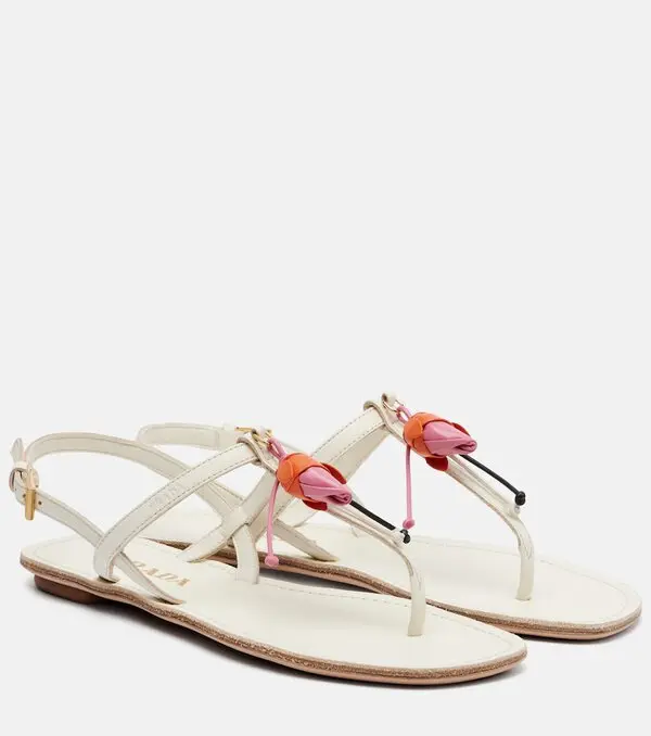 Prada Floral Appliqué Leather Thong Sandals - White