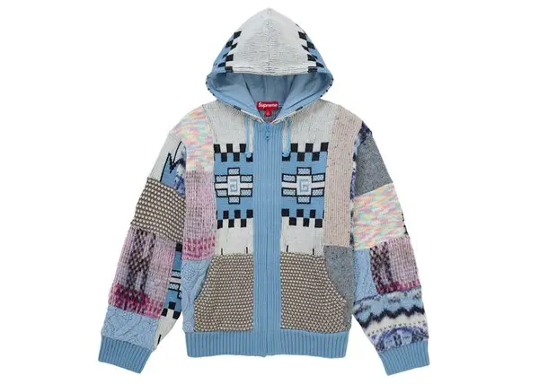 Supreme Patchwork Zip Up Hooded Sweater - Light Blue