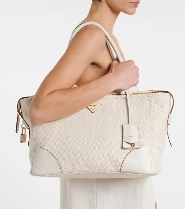 Prada Large Canvas And Leather Tote Bag - Beige