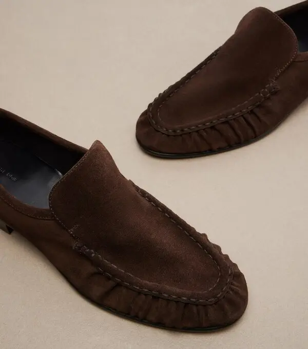 THE ROW Soft Ruched Suede Loafers Lacquer