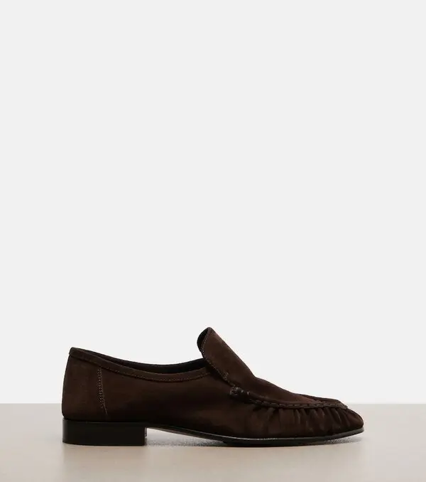 THE ROW Soft Ruched Suede Loafers Lacquer