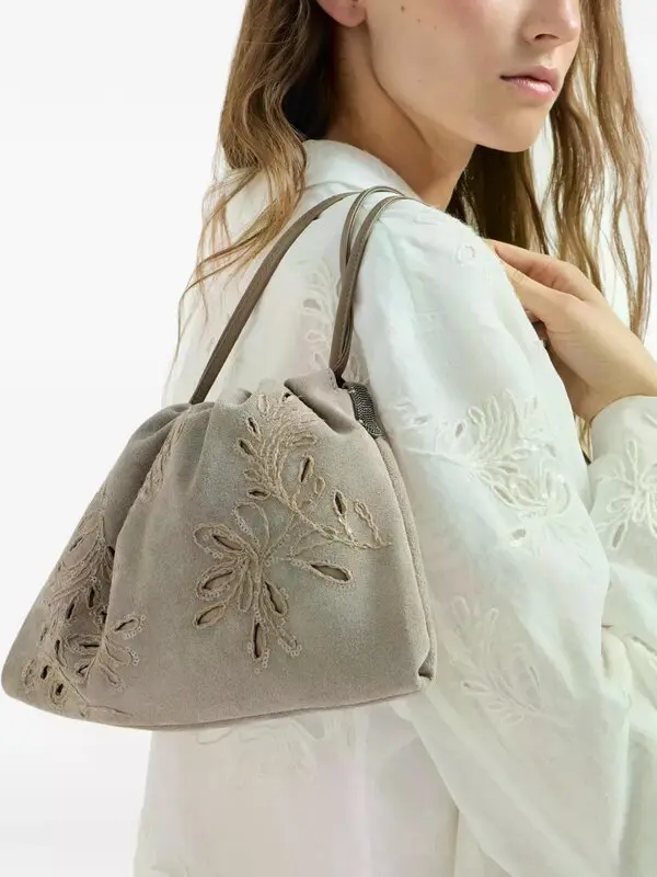 Brunello Cucinelli Suede Duo Pouch Bag With Broderie-anglaise And Monili - Neutrals