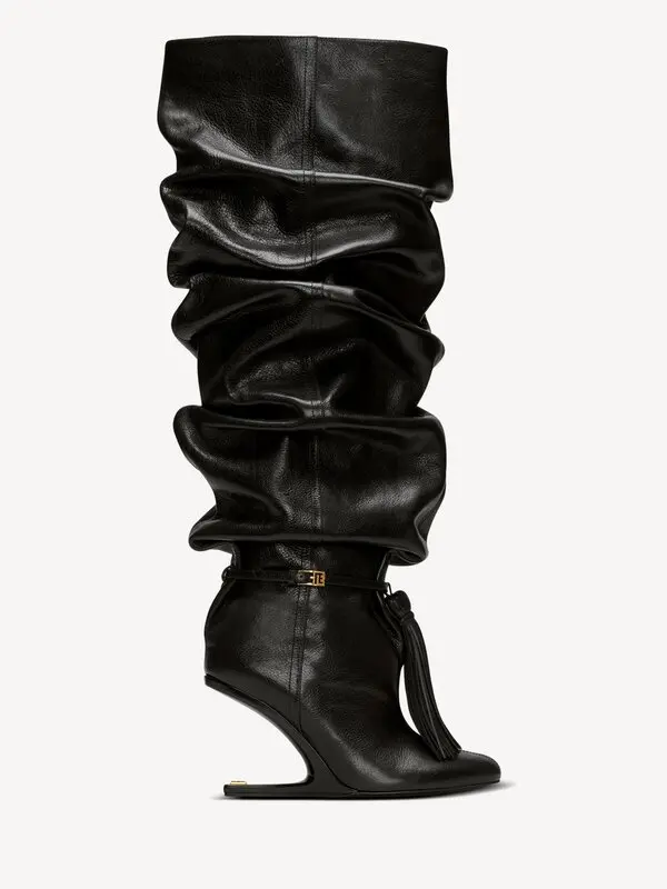 Balmain Thigh-high Textured Leather Boots With Tassel Detail - Black