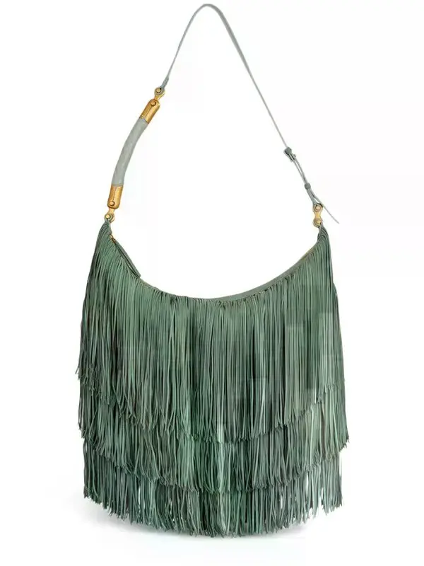 Balmain Bène Large Fringed Suede Bag - Green