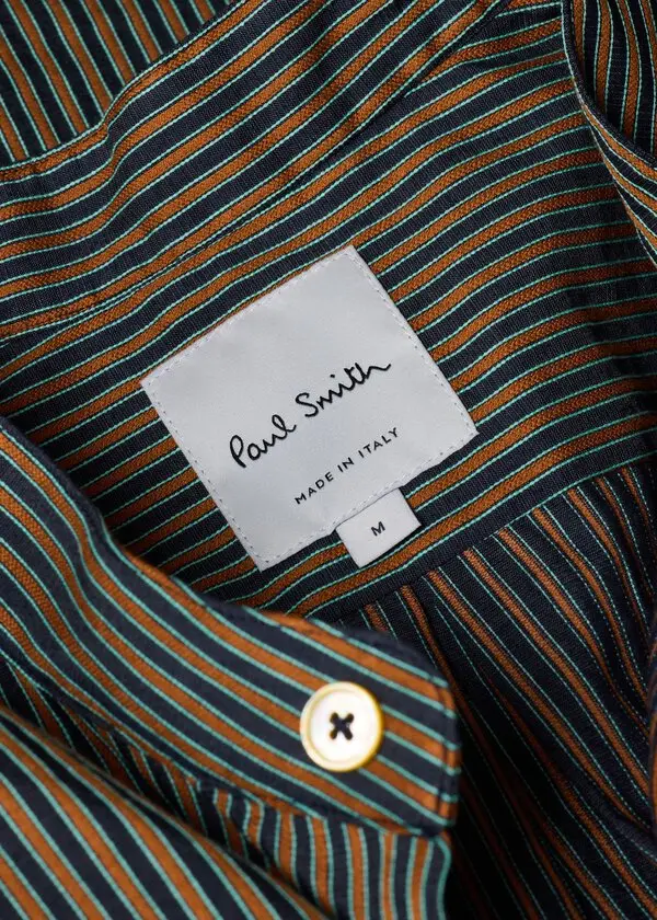 Paul Smith Navy And Brown Stripe Grandad-collar Shirt