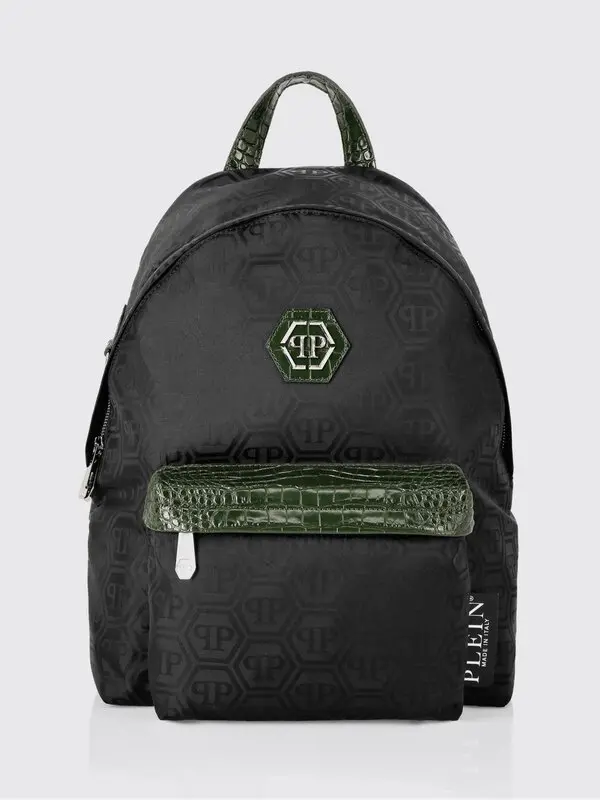 Philipp Plein Nylon Backpack With Jacquard Hexagon And Crocodile Print Leather - Black