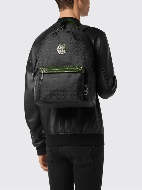 Philipp Plein Nylon Backpack With Jacquard Hexagon And Crocodile Print Leather