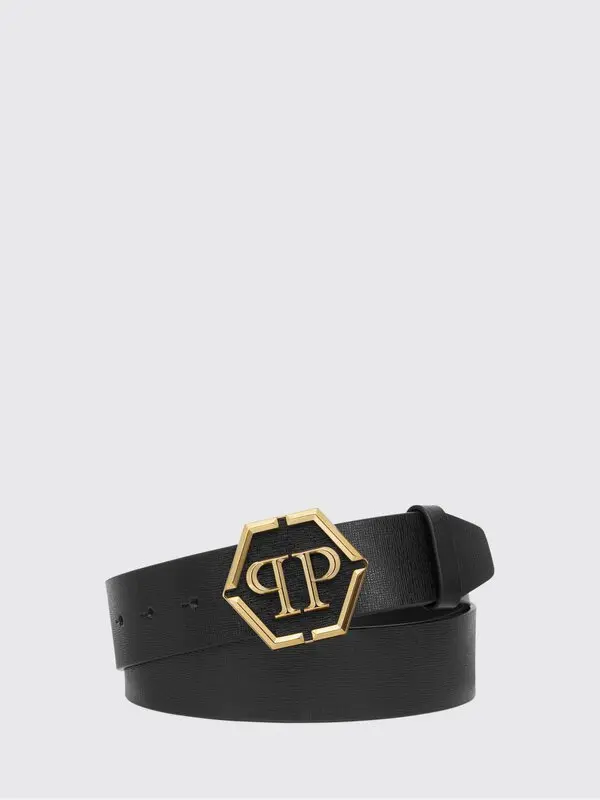 Philipp Plein Embossed Leather Belt With Monogram Buckle - Black