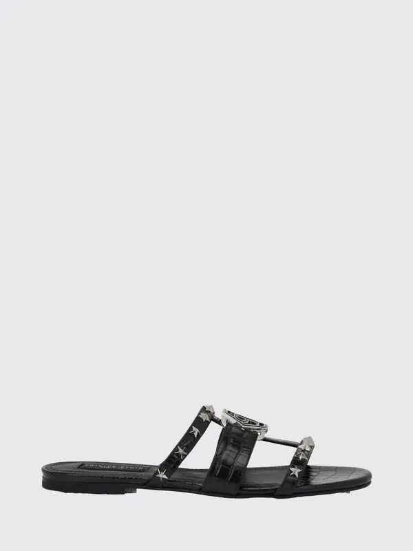 Philipp Plein Calfskin Studded Flat Sandals - Black