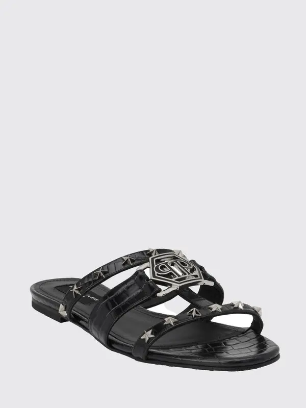 Philipp Plein Calfskin Studded Flat Sandals - Black