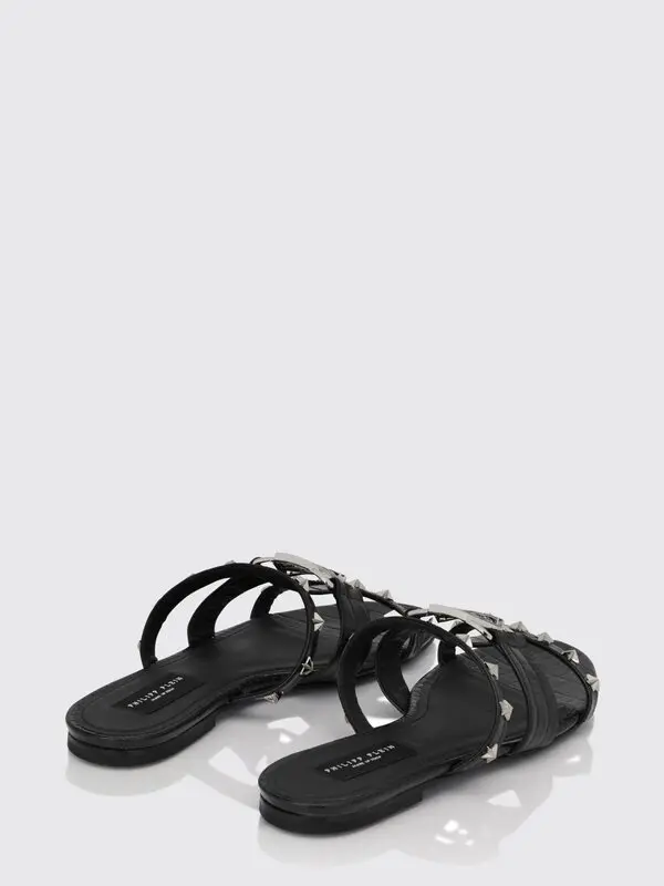 Philipp Plein Calfskin Studded Flat Sandals - Black