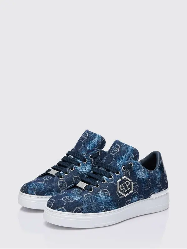 Philipp Plein Bleached Denim Jacquard Low Top Sneakers - Blue