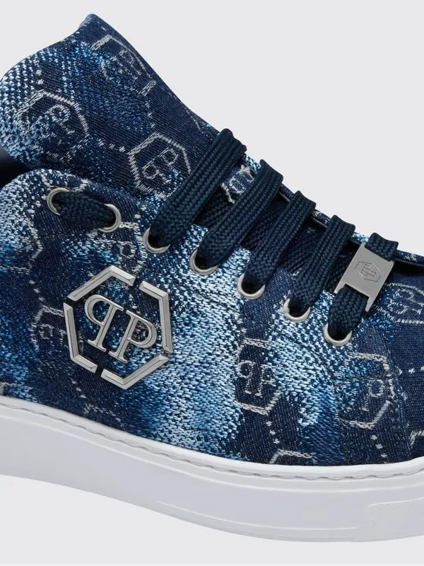 Philipp Plein Bleached Denim Jacquard Low Top Sneakers - Blue