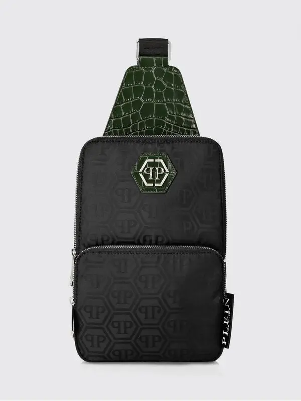 Philipp Plein Logo Nylon And Crocodile Print Leather Crossbody Bag - Black